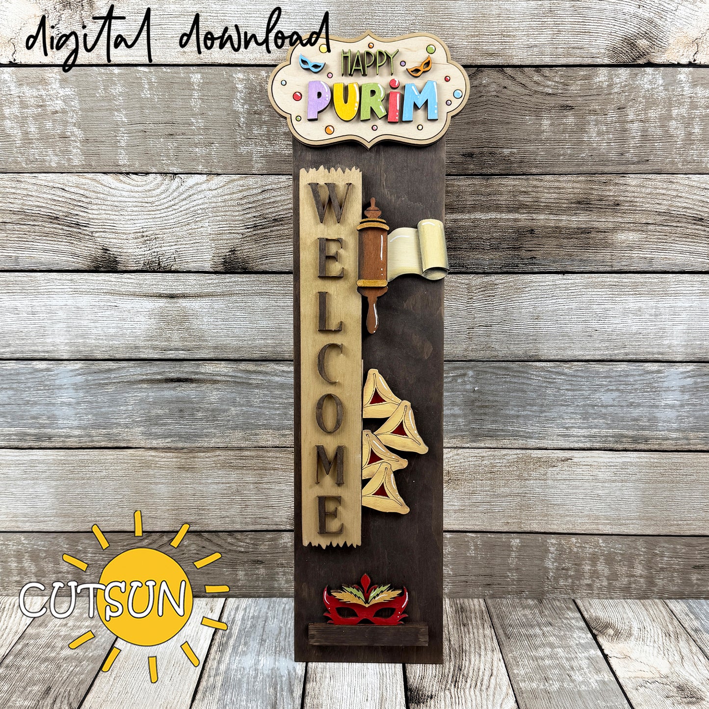 Happy Purim Vertical Welcome Sign SVG Laser Cut File | Jewish Holiday ...