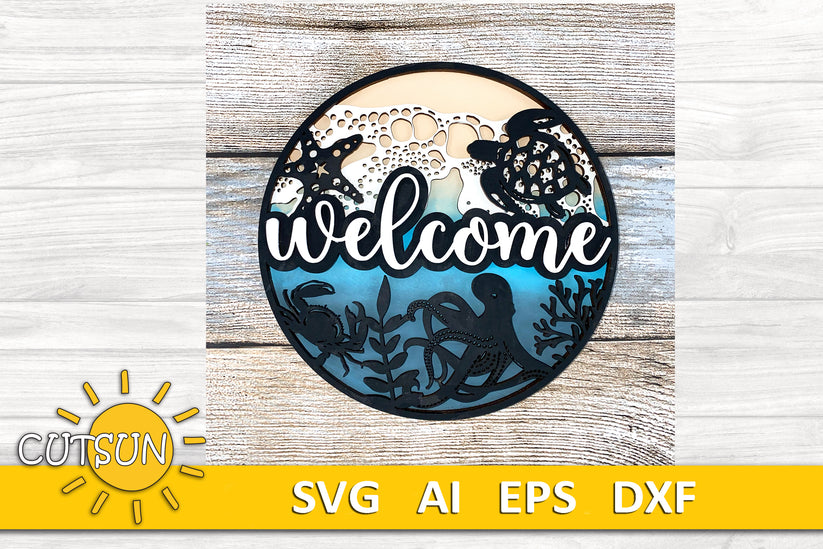 Ocean Welcome Sign SVG | Layered Sea Life Laser Cut File – Cutsunsvg