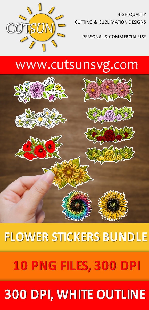 Floral Stickers bundle - 10 Flower stickers, white outline for Print n ...