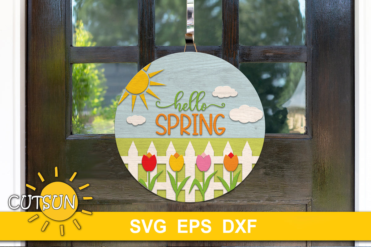 Hello Spring door hanger SVG | Spring round sign SVG | Hello Spring Tu ...