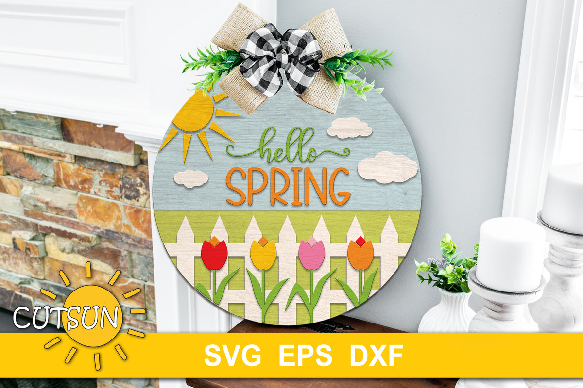Hello Spring door hanger SVG | Spring round sign SVG | Hello Spring Tu ...
