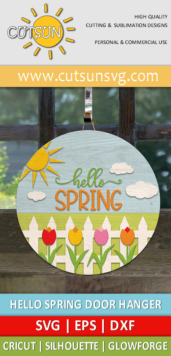 Hello Spring door hanger SVG | Spring round sign SVG | Hello Spring Tu ...