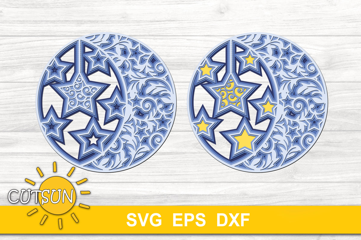 3D Layered Moon with stars SVG | 3D Layered Celestial SVG – Cutsunsvg