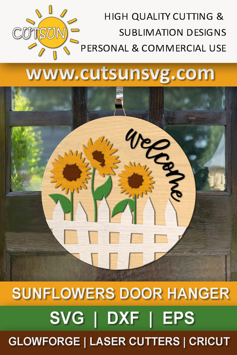 Sunflowers welcome sign SVG | Sunflowers door hanger | Laser cut file ...